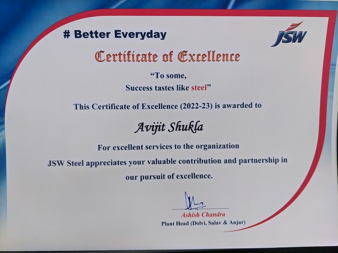 Avijit Shukla on LinkedIn: Awarded certificate of excellence in jsw on ... Avijit Shukla on LinkedIn: Awarded certificate of excellence in jsw on ...