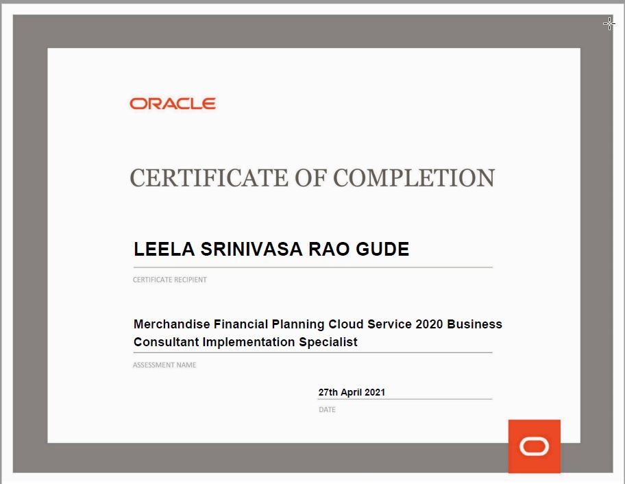 Srinivasarao Gude on LinkedIn: RMS and RPAS Oracle Certifications | 20 ... Srinivasarao Gude on LinkedIn: RMS and RPAS Oracle Certifications | 20 ...