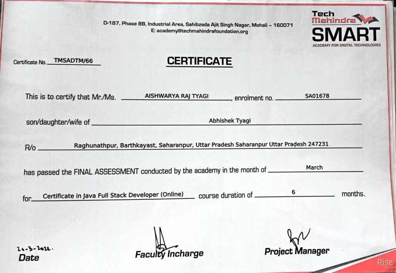 Aishwarya Raj Tyagi on LinkedIn: #techmahindra #certificate #webdevelopment Aishwarya Raj Tyagi on LinkedIn: #techmahindra #certificate #webdevelopment