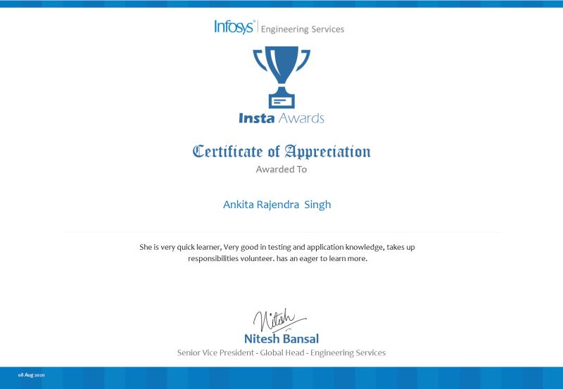 Ankita Singh on LinkedIn: Certificate of Appreciation (Insta Award) by ... Ankita Singh on LinkedIn: Certificate of Appreciation (Insta Award) by ...