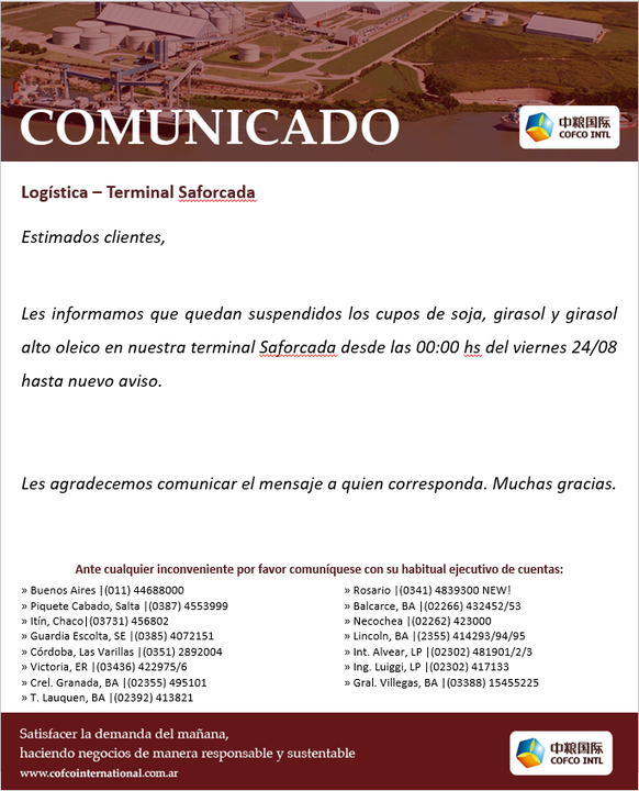 Informamos suspension de cupos en Pta. Cofco Saforcada Informamos suspension de cupos en Pta. Cofco Saforcada