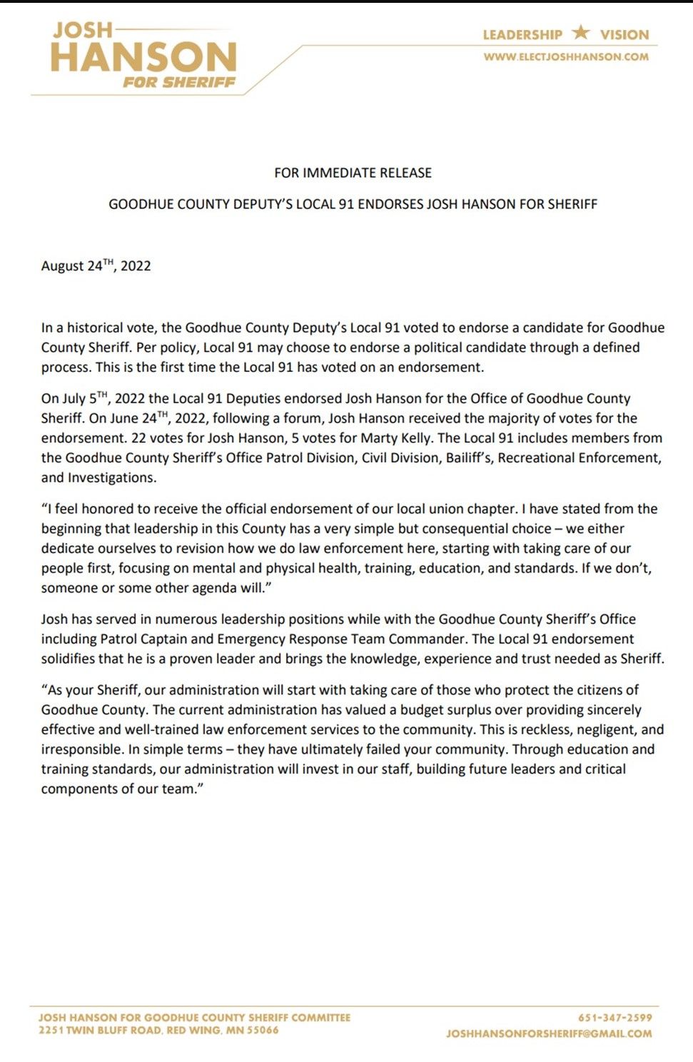 Josh Hanson for Goodhue County Sheriff on LinkedIn: Today the Josh ... Josh Hanson for Goodhue County Sheriff on LinkedIn: Today the Josh ...