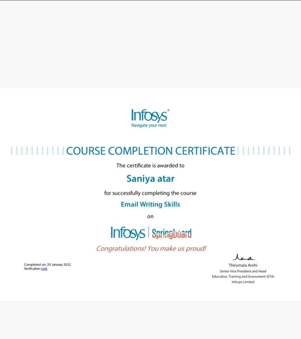 Saniya Atar on LinkedIn: E-mail Writing Certificate by Infosys Spring Board Saniya Atar on LinkedIn: E-mail Writing Certificate by Infosys Spring Board