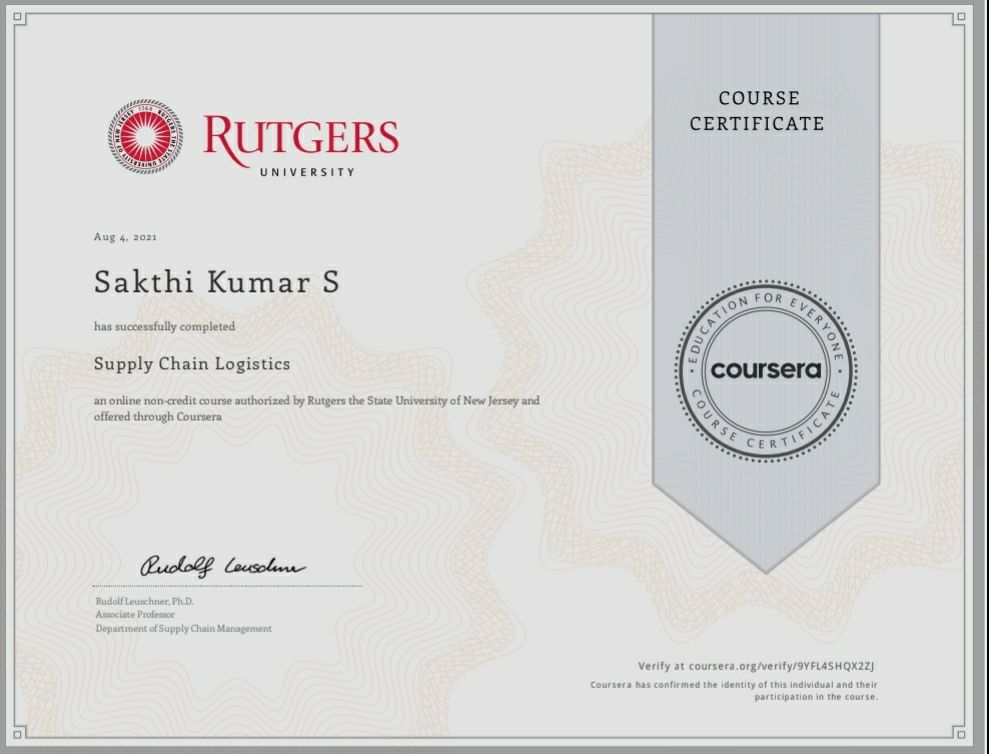 Sakthi Kumar S on LinkedIn: I have completed the Supply Chain Logistics ... Sakthi Kumar S on LinkedIn: I have completed the Supply Chain Logistics ...