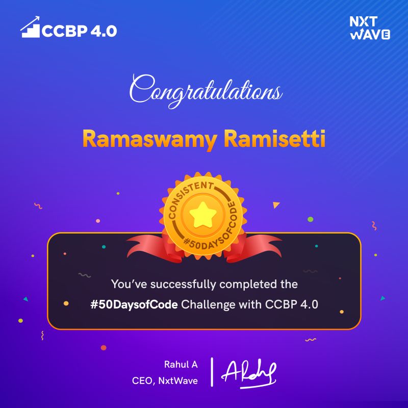 Ramaswamy Ramisetti on LinkedIn: #consistency #50daysofcodechallenge # ... Ramaswamy Ramisetti on LinkedIn: #consistency #50daysofcodechallenge # ...