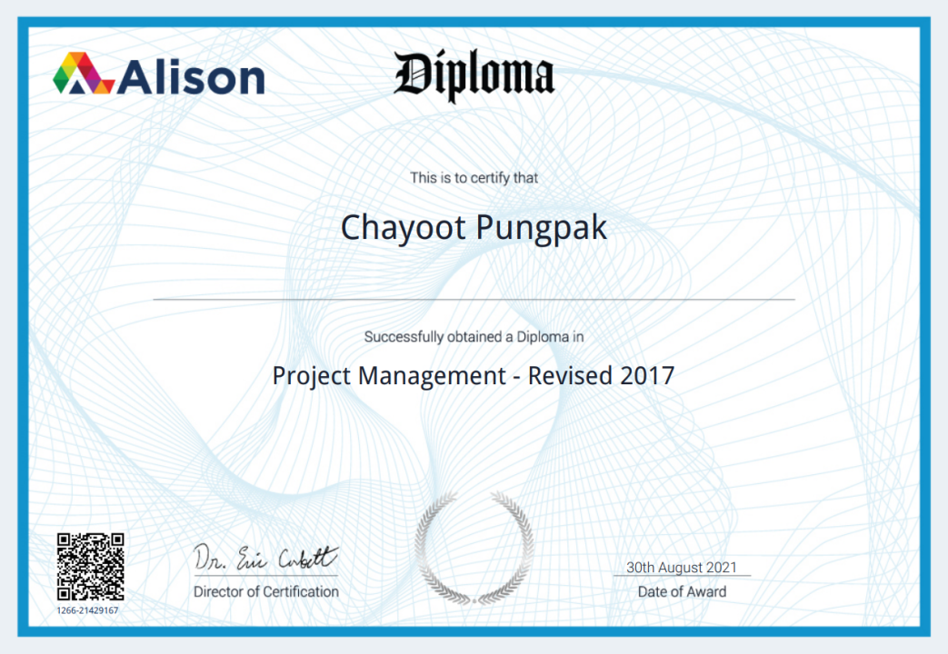 Completion of Diploma in Project Management - Revised 2017. Completion of Diploma in Project Management - Revised 2017.
