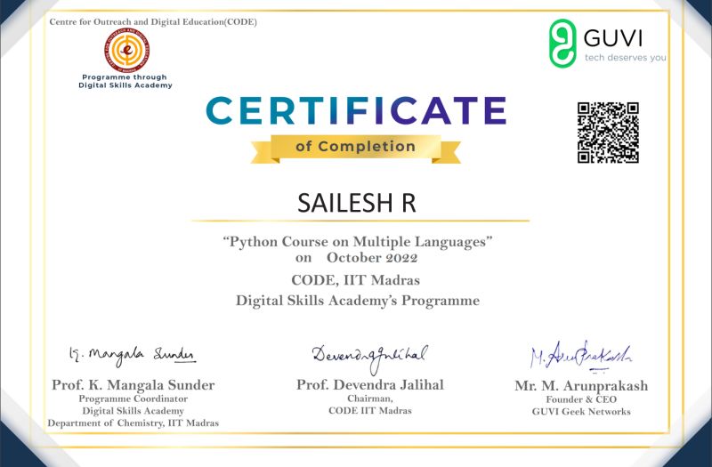 Sailesh R on LinkedIn: Successfully Completed PYTHON certification from ... Sailesh R on LinkedIn: Successfully Completed PYTHON certification from ...