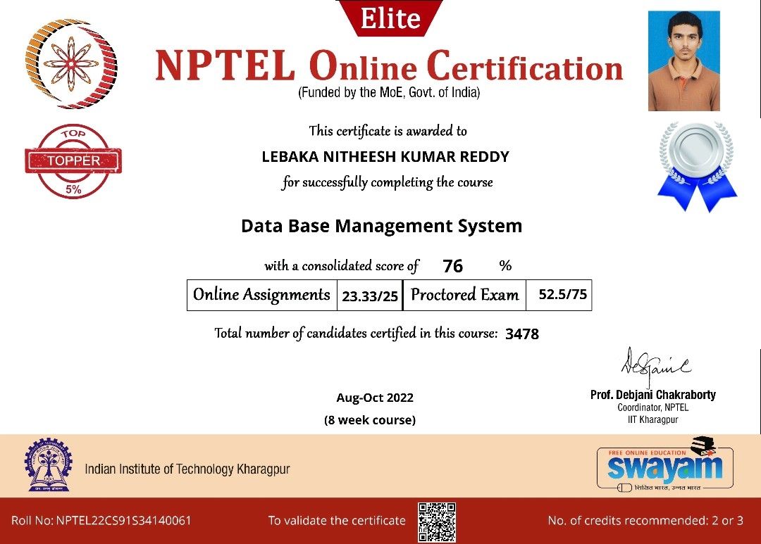 Nitheesh Kumar Reddy Lebaka on LinkedIn: #dbms #nptel Nitheesh Kumar Reddy Lebaka on LinkedIn: #dbms #nptel