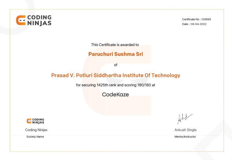 Sushma Sri Paruchuri on LinkedIn: #codingninjas #coding #codekaze Sushma Sri Paruchuri on LinkedIn: #codingninjas #coding #codekaze