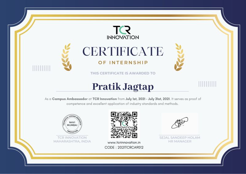 Pratik V. Jagtap on LinkedIn: #internship #innovation #certification Pratik V. Jagtap on LinkedIn: #internship #innovation #certification