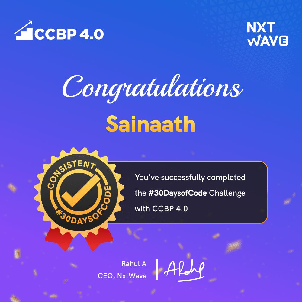 Sainaath Dhanwada on LinkedIn: #30daysofcodechallenge #nxtwave # ... Sainaath Dhanwada on LinkedIn: #30daysofcodechallenge #nxtwave # ...
