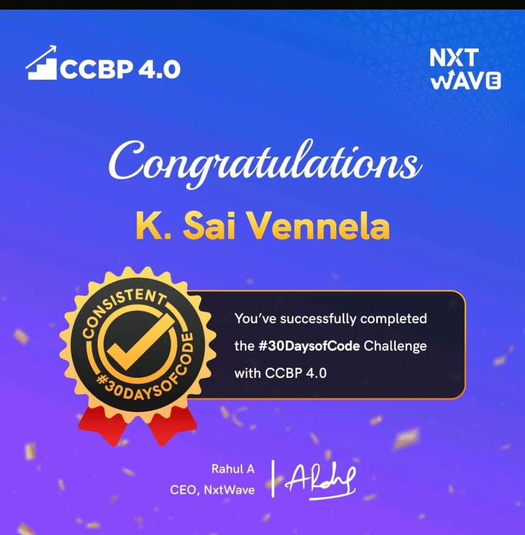 Vennela Koutharapu on LinkedIn: #30dayscodechallenge #certificate # ... Vennela Koutharapu on LinkedIn: #30dayscodechallenge #certificate # ...
