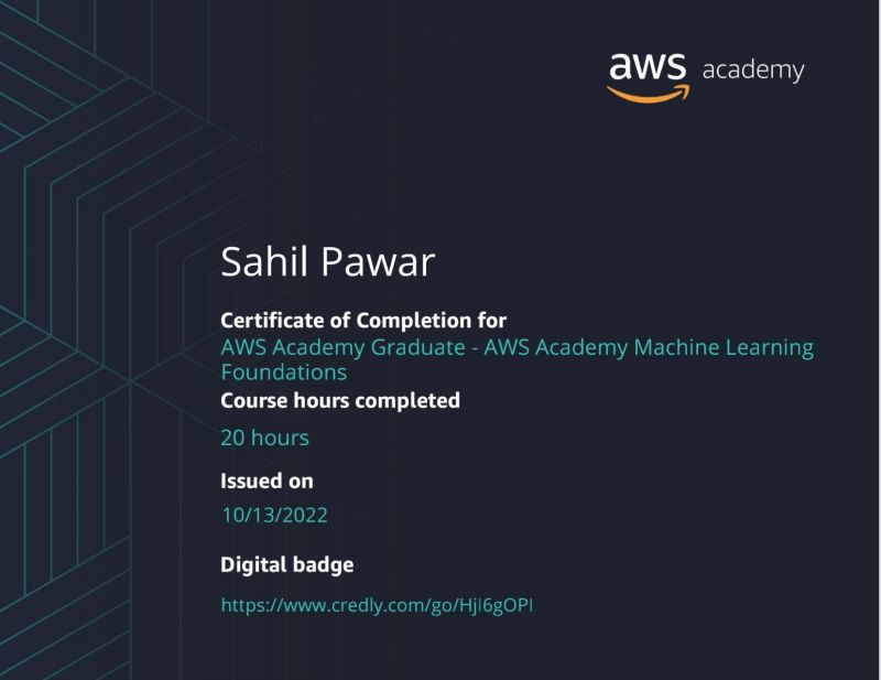 Sahil Pawar on LinkedIn: #awsacademy #machinelearning #awscertified Sahil Pawar on LinkedIn: #awsacademy #machinelearning #awscertified