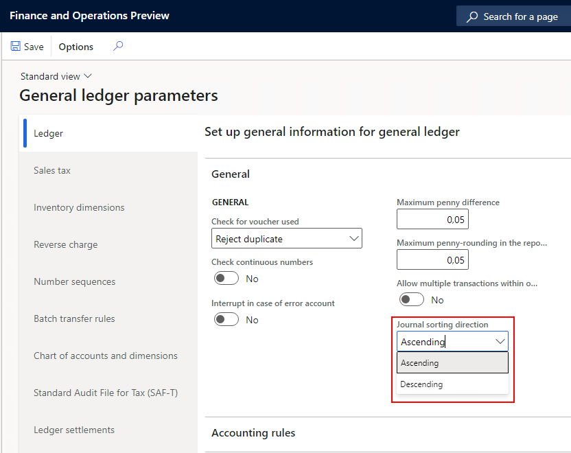 New GL-parameter field 'Journal sorting direction' in D365FO New GL-parameter field 'Journal sorting direction' in D365FO