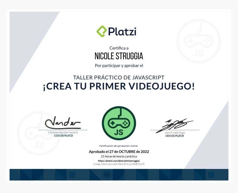 Nicole Struggia on LinkedIn: Nuevo curso terminado! Tocó crear un juego ... Nicole Struggia on LinkedIn: Nuevo curso terminado! Tocó crear un juego ...