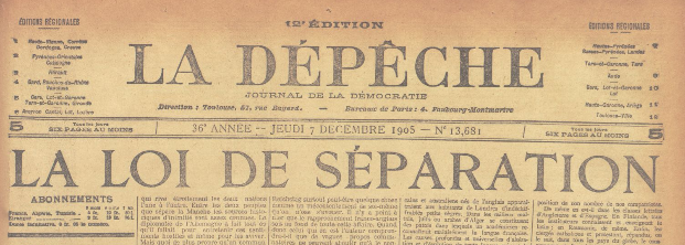 9 décembre 1905 : la loi de séparation de l’église et de l’état est votée. 9 décembre 1905 : la loi de séparation de l’église et de l’état est votée.